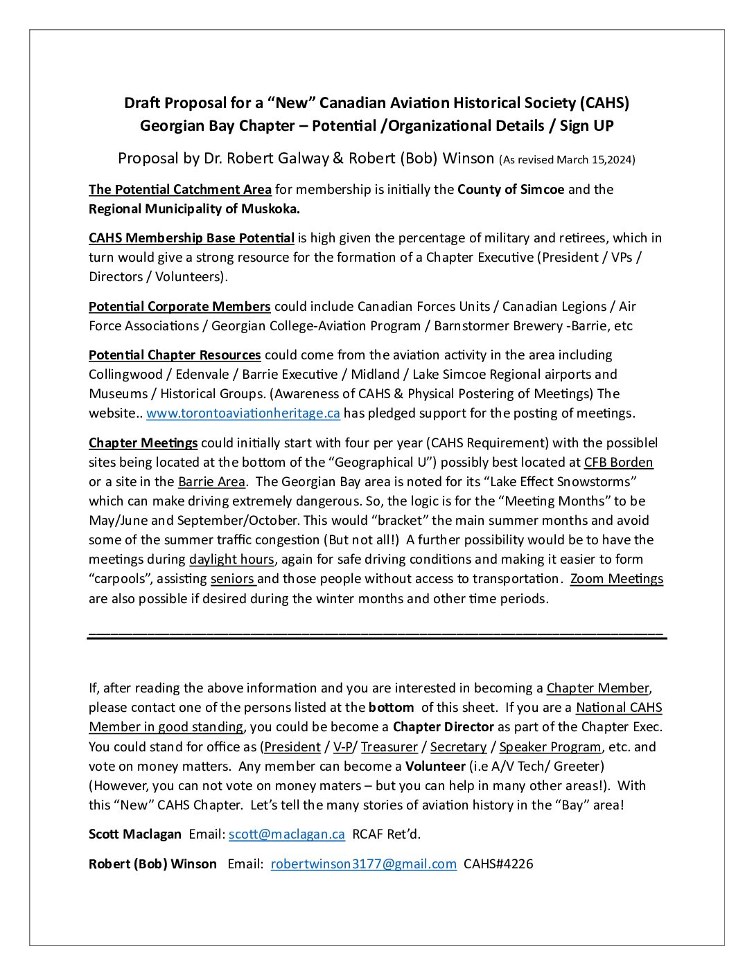 CAHS Georgian Bay Chapter Proposal – Toronto Aviation Heritage